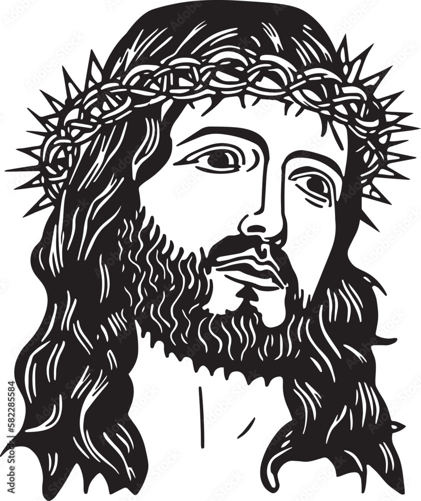 Jesus in a wreath Vector illustration, Head of Jesus Christ wearing a ...