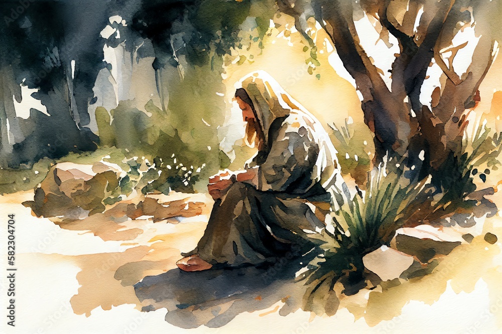 Watercolor Illustration of a Jesus In Prayer In The Garden Of ...