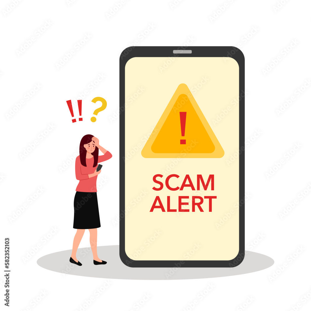 Frightening woman with scam alert on mobile phone screen in flat design ...
