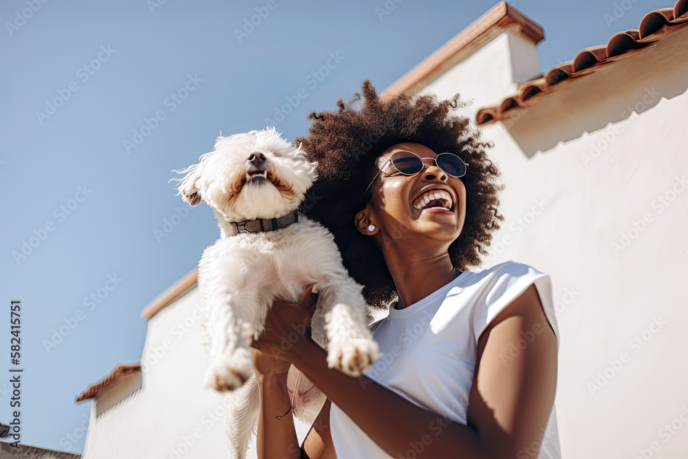 Generative Illustration AI of a black woman with afro hair smiling next ...