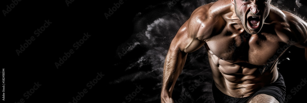Portrait of a muscular man with tense muscles and screaming against a ...