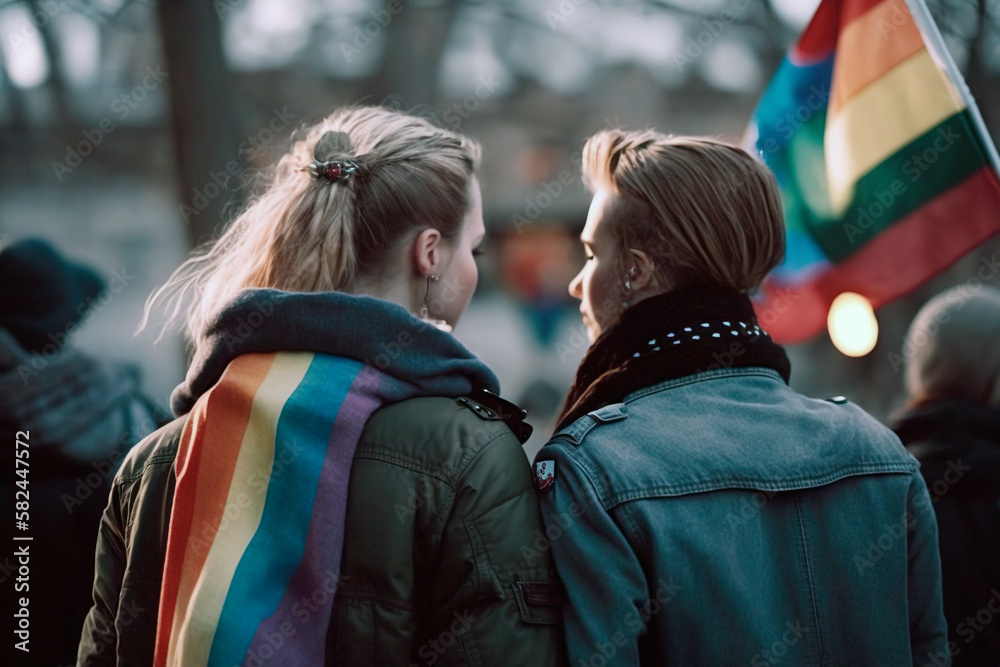 Two women standing proudly with a vibrant rainbow flag, spreading the ...