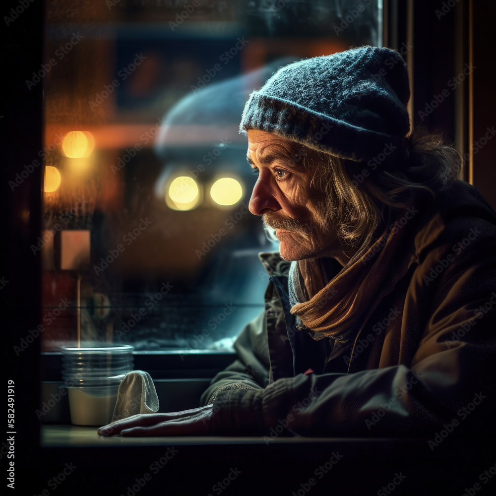 Generative AI - A homeless man sitting at a window looking out at the ...