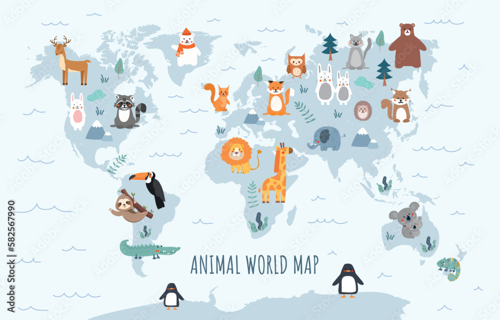Animal world map. Educational material for children, biology and ...
