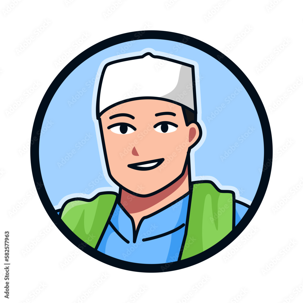 Close-up portrait of a Muslim male character wearing a Muslim cap ...