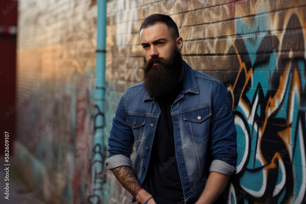 Denim-clad man with rugged beard leaning against a brick wall in an ...