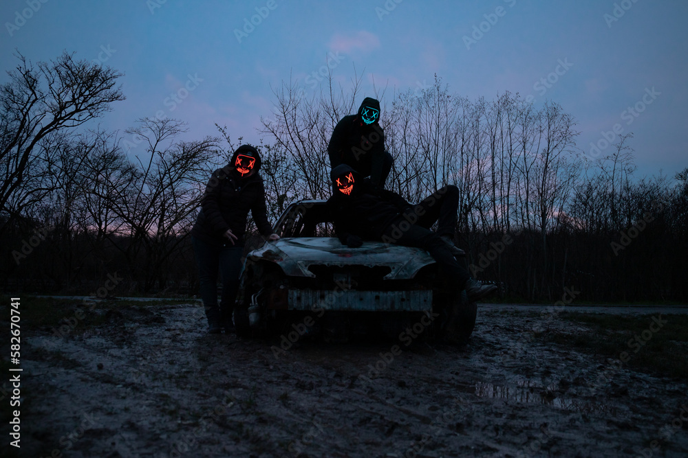 Purge mask, halloween with pumpkin. LED mask, creepy scary man. Corona ...