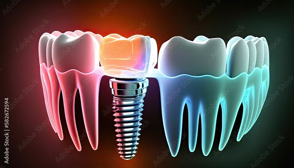 Dental implant in tooth row jaw colorful neon glowing, dental ...