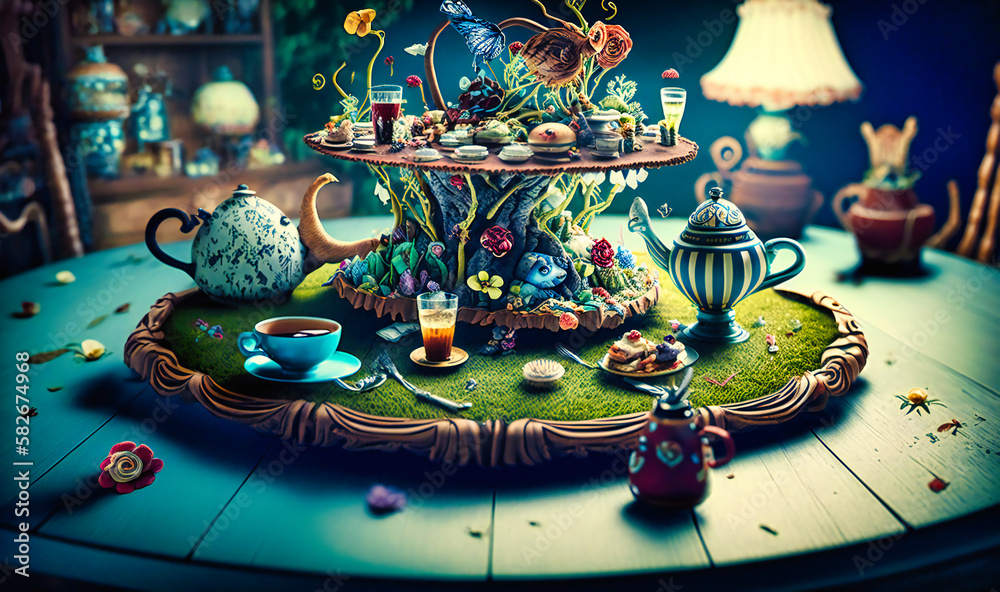 A tea party in a twisted, dreamlike Wonderland, complete with talking ...