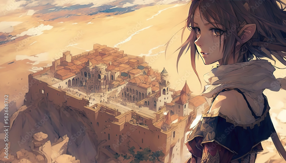 a cute and beautiful anime woman in the medieval time is watching down ...