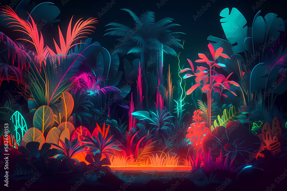 luminescent neon jungle wallpaper, created with generative ai Stock ...
