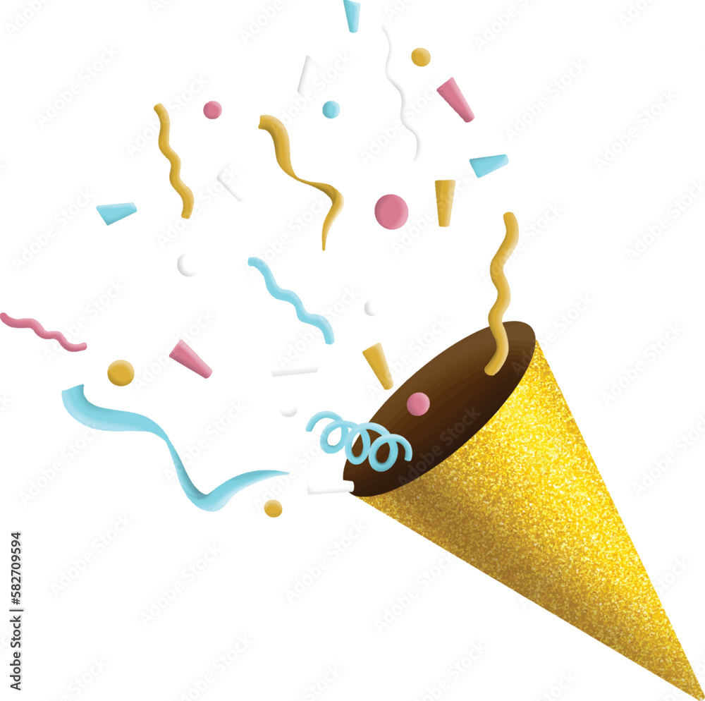 Gold party popper with exploding confetti for celebration isolated ...