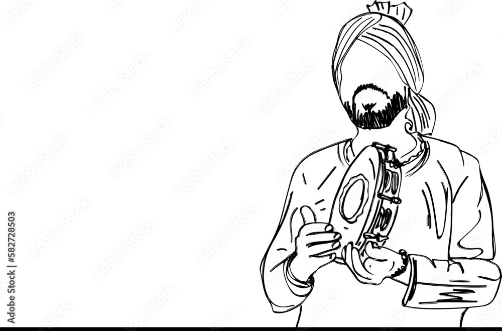 Hand drawn outline drawing of punjabi man playing indian traditional ...