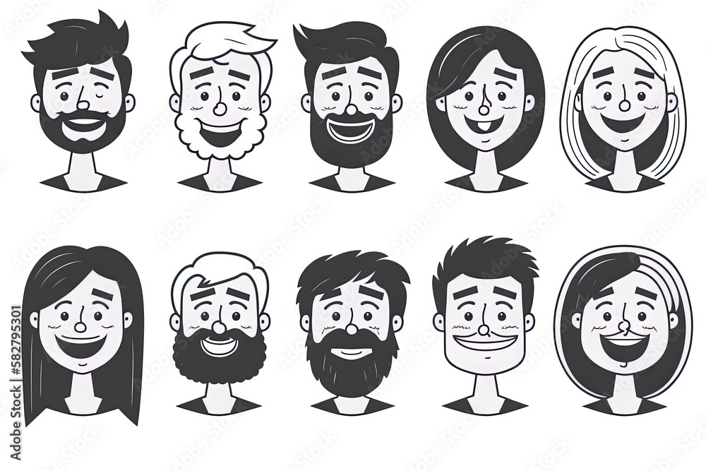 Set of black and white male and female face icons. Funny women and men ...