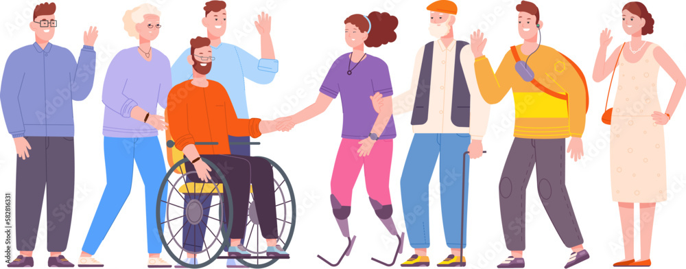 Disabled people friends. Students or elderly with special needs and ...