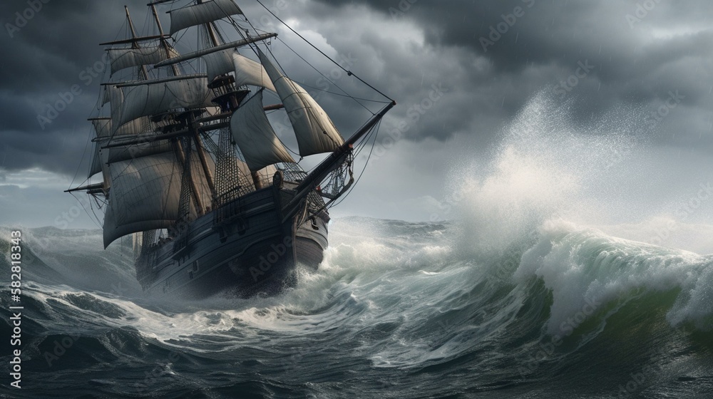 A ship tossed about by towering waves in the midst of a stormy sea ...
