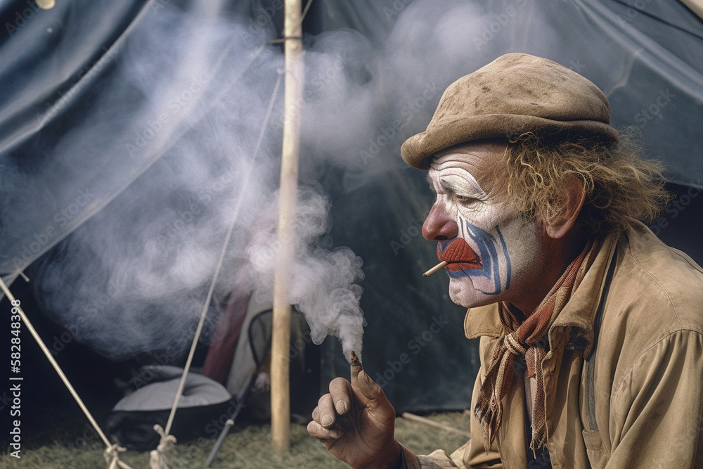 Dirty clown smoking a cigarette backstage behind the circus tent. The ...