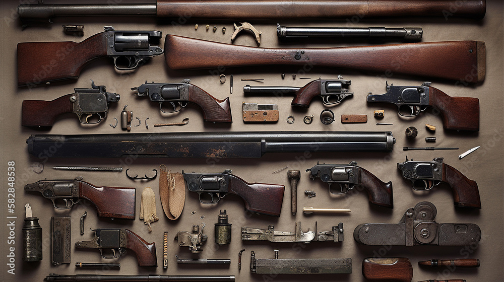 Overhead view of miscellaneous gun parts including pistol and rifle ...