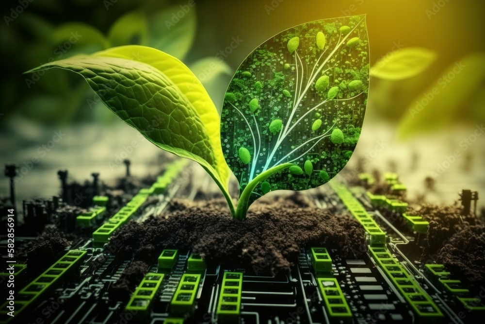 Nature plant from computer chip. New life. Eco concept. Generate Ai ...