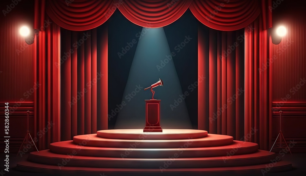 Stage for a show or TV entertainment with microphone, stairs, red ...