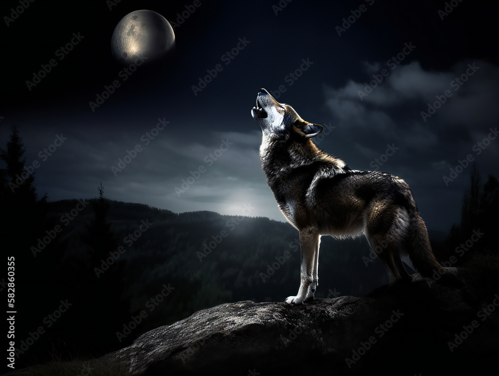 howling wolf silhouette against full moon, dark forest background, mysterious wildlife ...