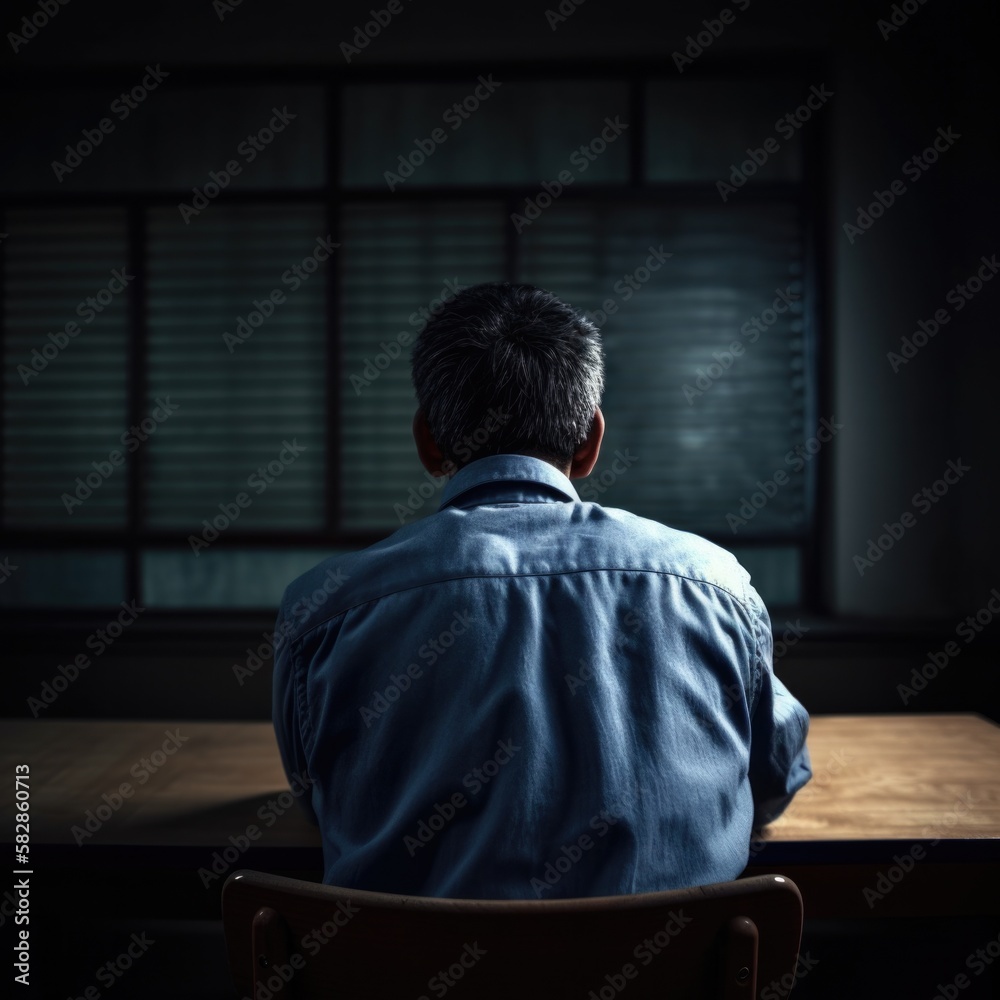 criminal man in an interrogation room at police station, fbi ...