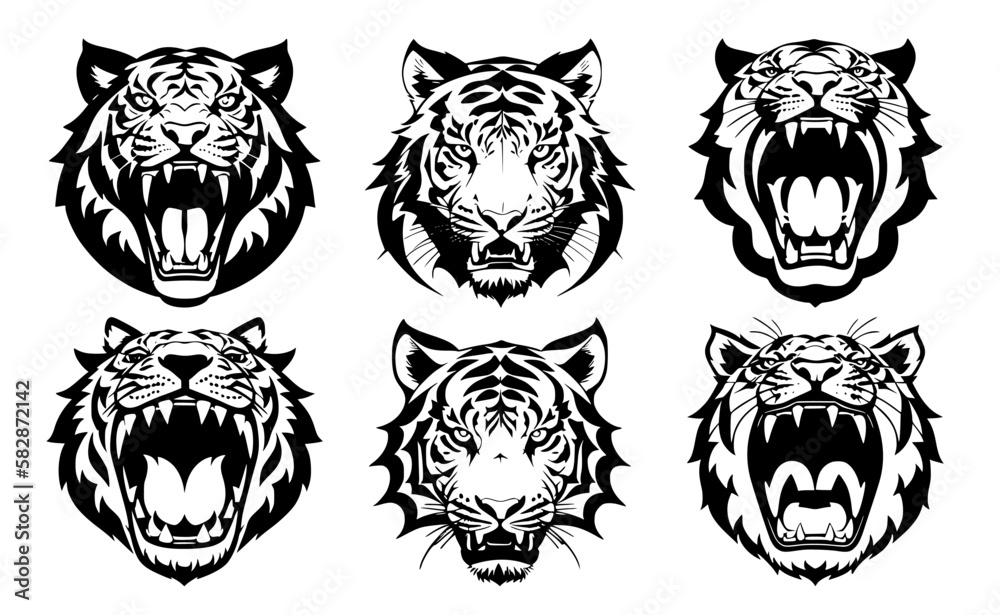Set of tiger heads with open mouth and bared fangs, with different ...