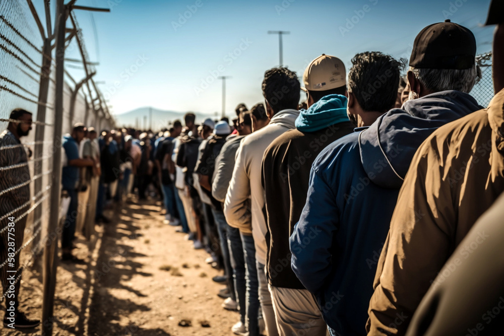 abstract, endless queue of refugees along a high border fence ...