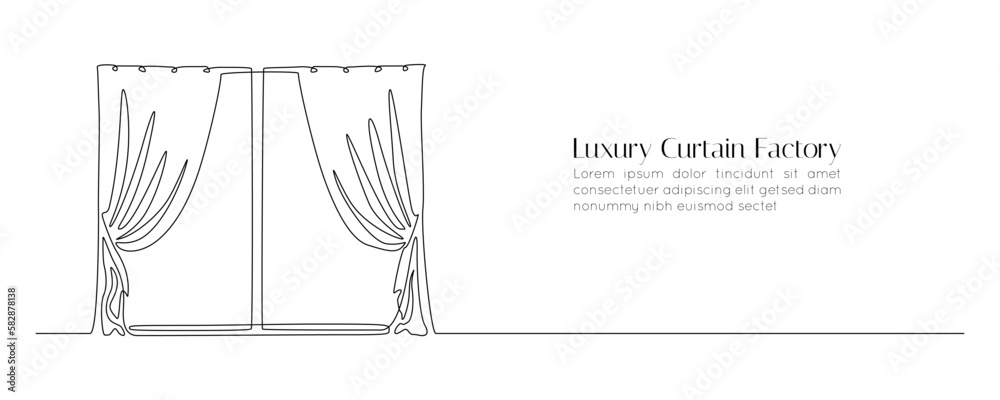 One continuous drawing of window with curtains. Living room interior ...