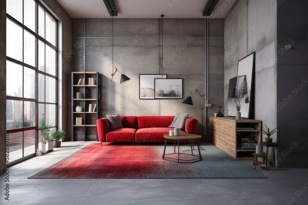 Interior of a concrete loft living room with a carpet, a red couch, and ...