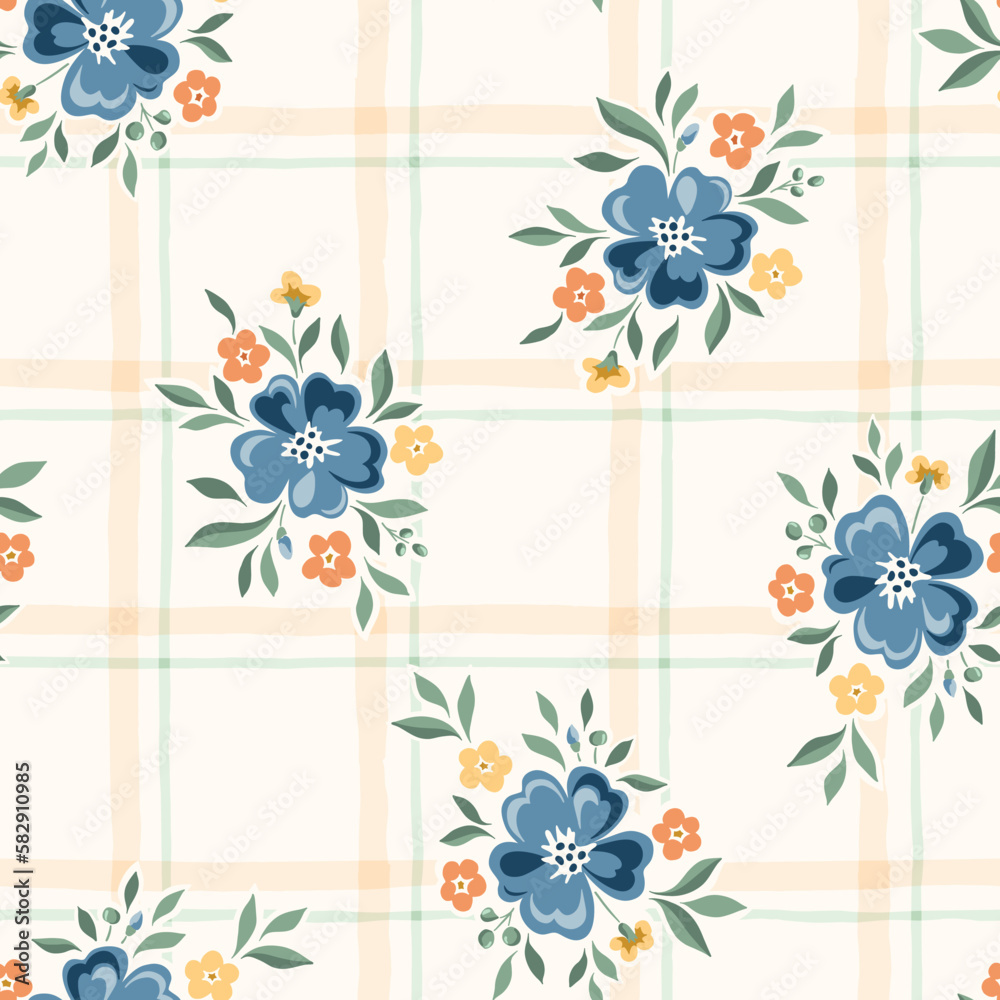 Delicate Chintz Romantic Meadow Wild Flowers and Plaid Checks Vector ...