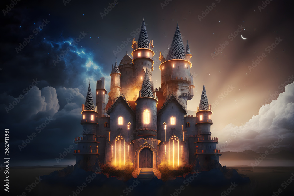 Magical castle under night sky, fantasy landscape, stunning glowing ...