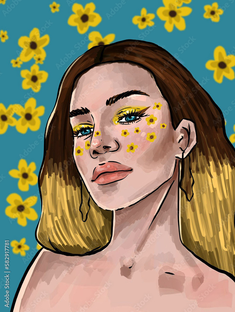 Beautiful girl with flowers freckles digital painted close-up portrait ...