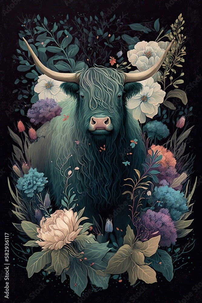 Designer Pastel Yak in a Wonderland of Floral: A Serene Scene of a ...