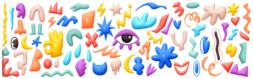 Collection of 3D renderings abstract shape in cartoon style. Set of ...