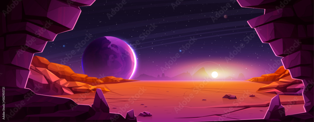 Alien red planet landscape, cave view cartoon background. Vector mars ...