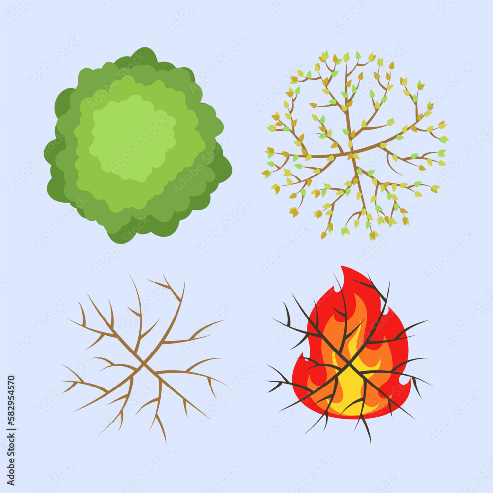 Top view of tree in different climate vector illustrations set. Cartoon ...
