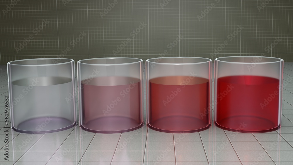 Chemistry beakers filled with colorful liquids. Pure clear water ...