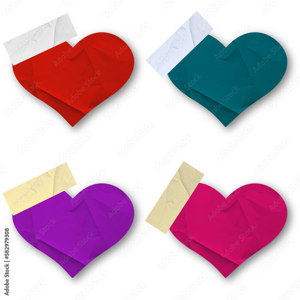 Collection of sticky tape hearts attached on transparent background ...