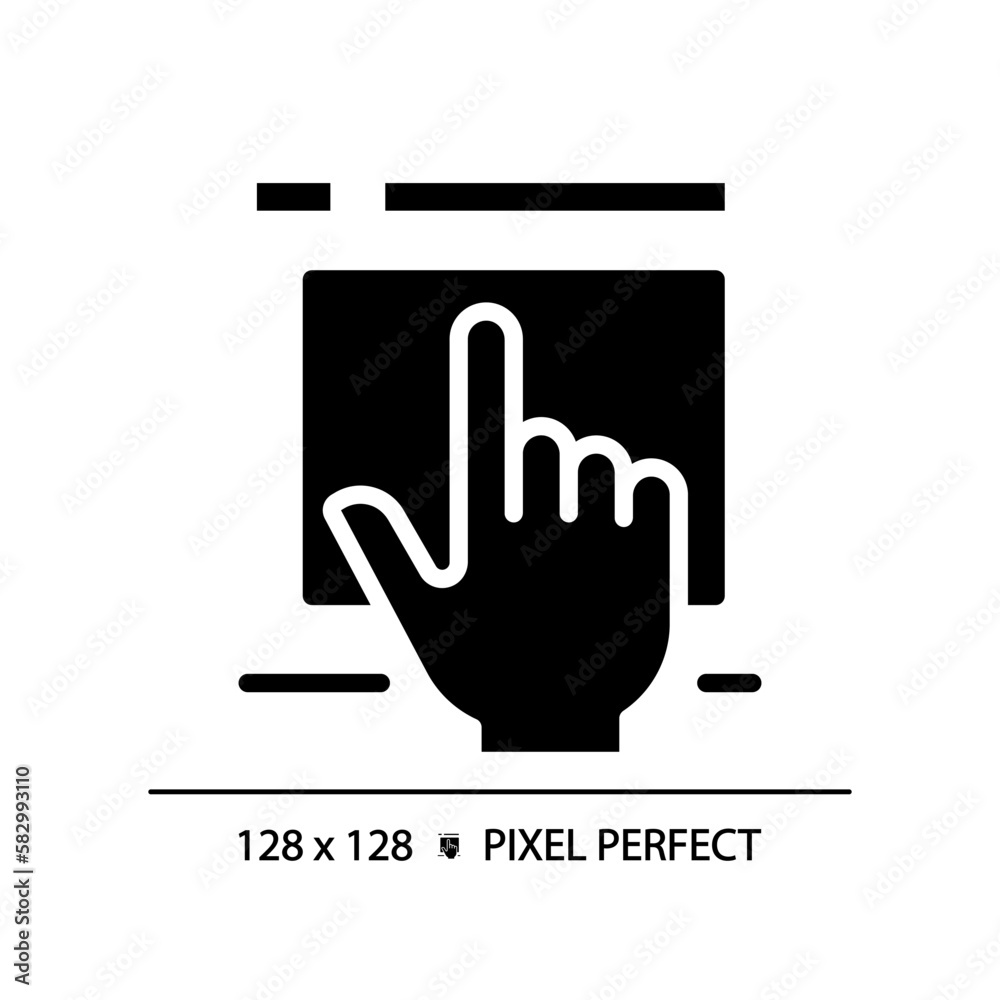 Hand with touchpad pixel perfect black glyph icon. Finger touching ...