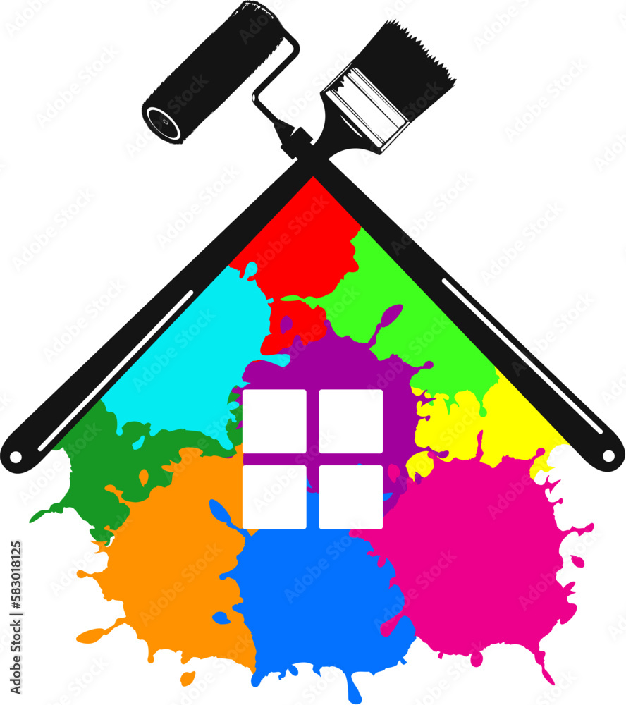 Blobs of paint paint brush and roller. Symbol for paint work and ...