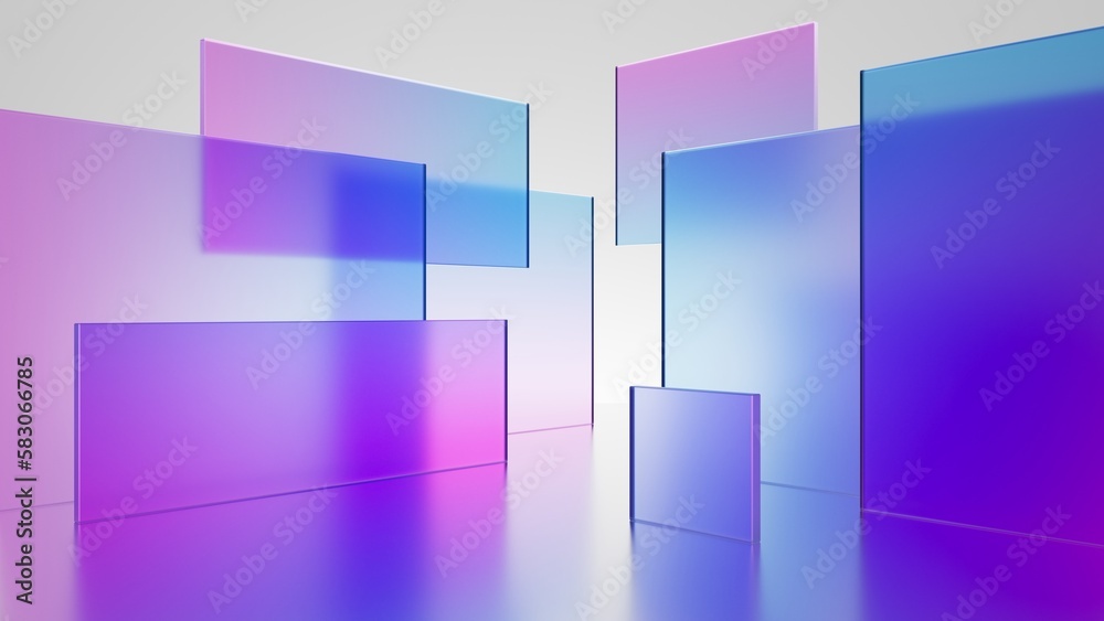 3d render, abstract geometric background, translucent glass with violet ...