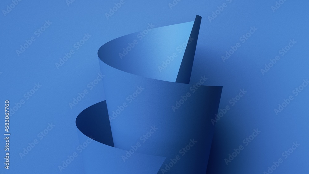 3d render, abstract blue background with scrolled paper roll, page ...