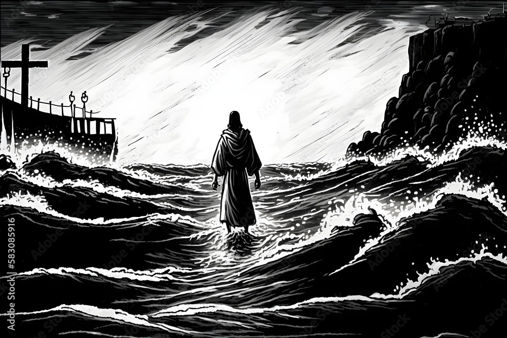 Ilustración de Stock Jesus Christ walking on the water simple black and ...