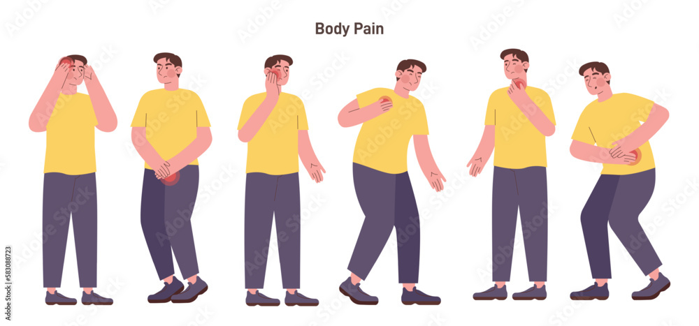 Different types of pain on human body parts. Sharp or nagging ache ...