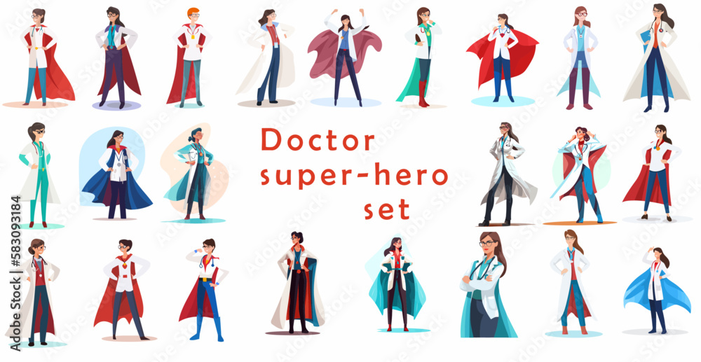 Set of illustrations of female Doctor super-hero in a medical uniform ...