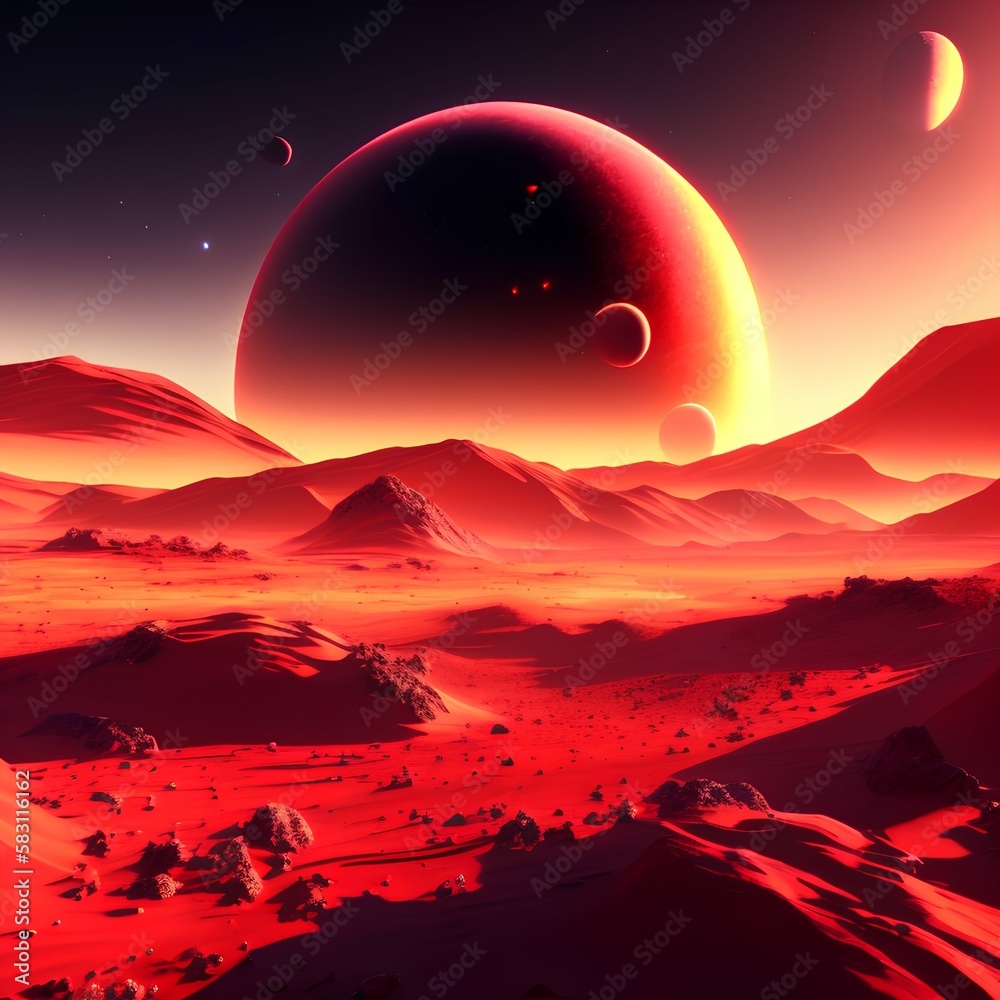 Beautiful exoplanet, red planet in open space, sci fi background 3d ...
