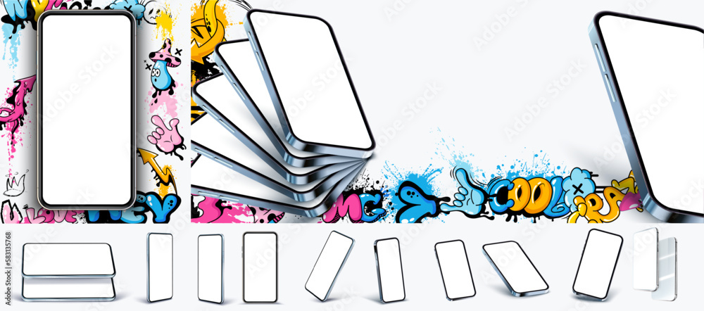Smartphone mockup. Colorful cute graffiti frame, poster or poster ...