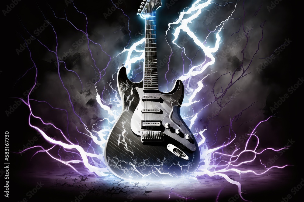 electric guitar, with music notes and lightning bolts in the background ...