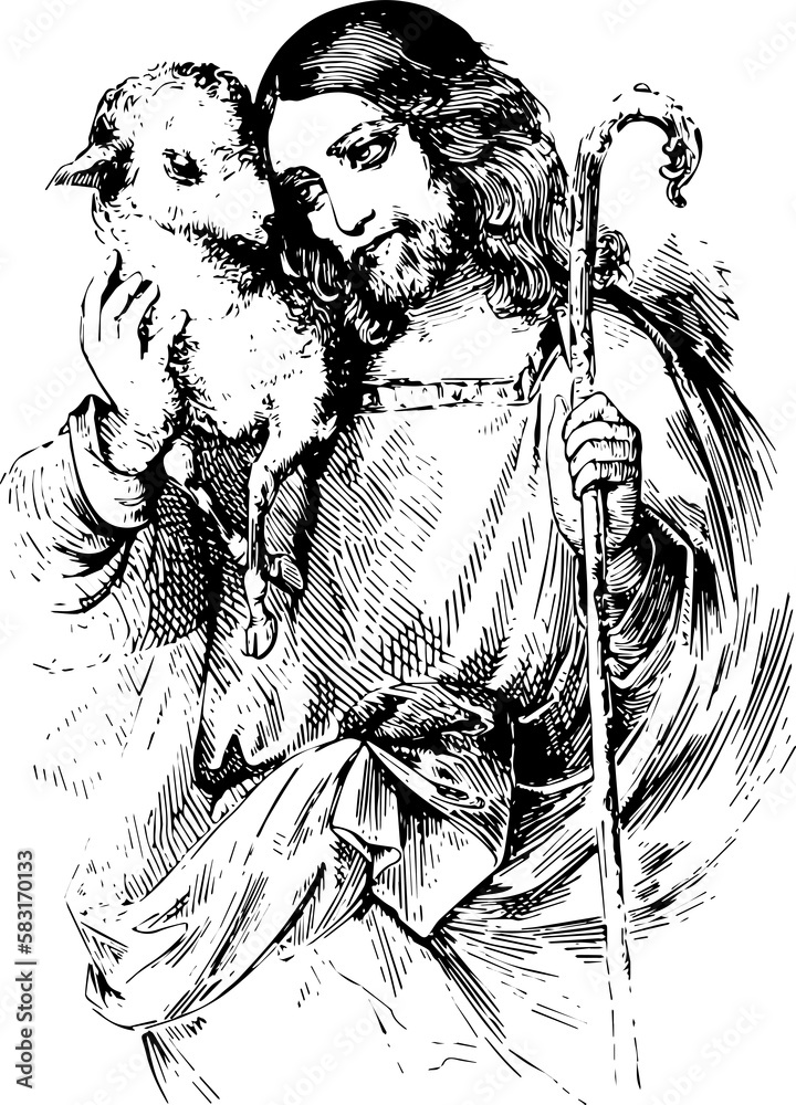 Jesus Christ with a lamb on his shoulders Stock Illustration | Adobe Stock
